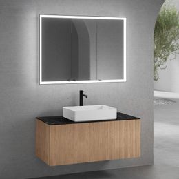 neoro n50 line Unterschrank B: 120 cm mit 1 Auszug, mit profilierter Eichenfront, Waschtisch B: 58 cm wei&szlig; matt, mit n60 Spiegelschrank f&uuml;r die