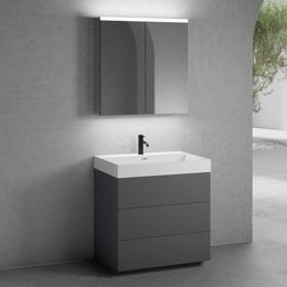 neoro n50 Unterschrank B: 80 cm mit 3 Ausz&uuml;gen, Waschtisch mit 1 Hahnloch wei&szlig; matt, mit Spiegelschrank,, BN0138WM+BN0452GR+BN0473MI,