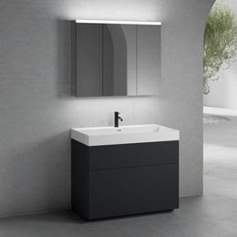 neoro n50 Unterschrank B: 100 cm mit 2 Ausz&uuml;gen, Waschtisch mit 1 Hahnloch wei&szlig; matt, mit Spiegelschrank f&uuml;r die Schweiz,, BN0139WM+BN0443BM+BN0487MI,