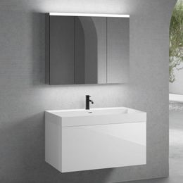neoro n50 Unterschrank B: 100 cm mit 1 Auszug, Waschtisch mit 1 Hahnloch wei&szlig; matt, mit Spiegelschrank f&uuml;r die Schweiz,, BN0139WM+BN0433WH+BN0487MI,