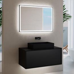 neoro n60 Unterschrank B: 100 cm mit 1 Auszug, Waschtisch schwarz matt, mit Lichtspiegel, BN0944BM+BN0756BM+BN0016MI,