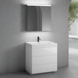 neoro n50 Unterschrank B: 80 cm mit 3 Ausz&uuml;gen, Waschtisch mit 1 Hahnloch wei&szlig; matt, mit Spiegelschrank,, BN0138WM+BN0452WH+BN0473MI,