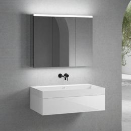 neoro n50 Unterschrank B: 100 cm mit 1 Auszug, Waschtisch ohne Hahnloch wei&szlig; matt, mit Spiegelschrank f&uuml;r die Schweiz,, BN0135WM+BN0413WH+BN0487MI,