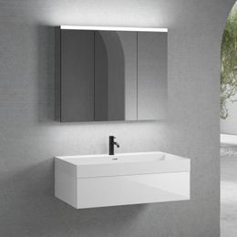 neoro n50 Unterschrank B: 100 cm mit 1 Auszug, Waschtisch mit 1 Hahnloch wei&szlig; matt, mit Spiegelschrank f&uuml;r die Schweiz,, BN0139WM+BN0413WH+BN0487MI,