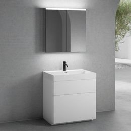 neoro n50 Unterschrank B: 80 cm mit 2 Ausz&uuml;gen, Waschtisch mit 1 Hahnloch wei&szlig; matt, mit Spiegelschrank,, BN0138WM+BN0442WM+BN0473MI,