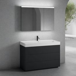 neoro n50 Unterschrank B: 120 cm mit 3 Ausz&uuml;gen, Waschtisch mit 1 Hahnloch wei&szlig; matt, mit Spiegelschrank f&uuml;r die Schweiz,, BN0140WM+BN0454BM+BN0488MI,