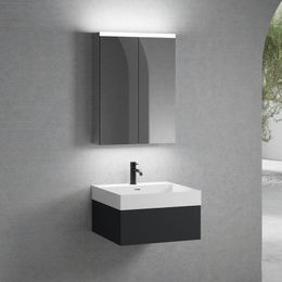 neoro n50 Unterschrank B: 60 cm mit 1 Auszug, Waschtisch mit 1 Hahnloch wei&szlig; matt, mit Spiegelschrank f&uuml;r die Schweiz,, BN0137WM+BN0411BM+BN0485MI,