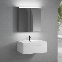 neoro n50 Unterschrank B: 80 cm mit 1 Auszug, Waschtisch mit 1 Hahnloch wei&szlig; matt, mit Spiegelschrank,, BN0138WM+BN0412WM+BN0473MI,