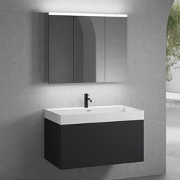 neoro n50 Unterschrank B: 100 cm mit 1 Auszug, Waschtisch mit 1 Hahnloch wei&szlig; matt, mit Spiegelschrank f&uuml;r die Schweiz,, BN0139WM+BN0433BM+BN0487MI,