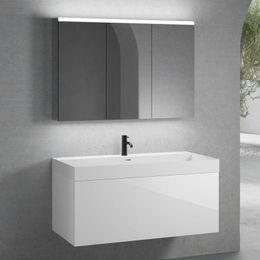 neoro n50 Unterschrank B: 120 cm mit 1 Auszug, Waschtisch mit 1 Hahnloch wei&szlig; matt, mit Spiegelschrank f&uuml;r die Schweiz,, BN0140WM+BN0434WH+BN0488MI,