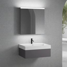 neoro n50 Unterschrank B: 80 cm mit 1 Auszug, Waschtisch mit 1 Hahnloch wei&szlig; matt, mit Spiegelschrank,, BN0138WM+BN0412GR+BN0473MI,