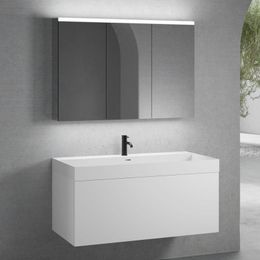 neoro n50 Unterschrank B: 120 cm mit 1 Auszug, Waschtisch mit 1 Hahnloch wei&szlig; matt, mit Spiegelschrank f&uuml;r die Schweiz,, BN0140WM+BN0434WM+BN0488MI,