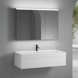 neoro n50 Unterschrank B: 120 cm mit 1 Auszug, Waschtisch mit 1 Hahnloch wei&szlig; matt, mit Spiegelschrank f&uuml;r die Schweiz,, BN0140WM+BN0414WM+BN0488MI,