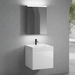 neoro n50 Unterschrank B: 60 cm mit 1 Auszug, Waschtisch mit 1 Hahnloch wei&szlig; matt, mit Spiegelschrank f&uuml;r die Schweiz,, BN0137WM+BN0431WH+BN0485MI,
