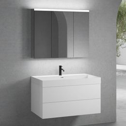 neoro n50 Unterschrank B: 100 cm mit 2 Ausz&uuml;gen, Waschtisch mit 1 Hahnloch wei&szlig; matt, mit Spiegelschrank f&uuml;r die Schweiz,, BN0139WM+BN0423WM+BN0487MI,