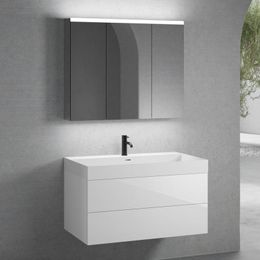 neoro n50 Unterschrank B: 100 cm mit 2 Ausz&uuml;gen, Waschtisch mit 1 Hahnloch wei&szlig; matt, mit Spiegelschrank f&uuml;r die Schweiz,, BN0139WM+BN0423WH+BN0487MI,
