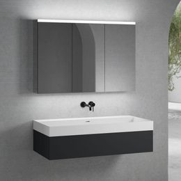 neoro n50 Unterschrank B: 120 cm mit 1 Auszug, Waschtisch ohne Hahnloch wei&szlig; matt, mit Spiegelschrank f&uuml;r die Schweiz,, BN0136WM+BN0414BM+BN0488MI,