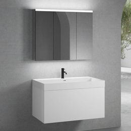 neoro n50 Unterschrank B: 100 cm mit 1 Auszug, Waschtisch mit 1 Hahnloch wei&szlig; matt, mit Spiegelschrank f&uuml;r die Schweiz,, BN0139WM+BN0433WM+BN0487MI,