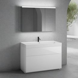 neoro n50 Unterschrank B: 120 cm mit 2 Ausz&uuml;gen, Waschtisch mit 1 Hahnloch wei&szlig; matt, mit Spiegelschrank f&uuml;r die Schweiz,, BN0140WM+BN0444WH+BN0488MI,