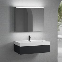 neoro n50 Unterschrank B: 100 cm mit 1 Auszug, Waschtisch mit 1 Hahnloch wei&szlig; matt, mit Spiegelschrank f&uuml;r die Schweiz,, BN0139WM+BN0413BM+BN0487MI,