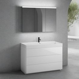 neoro n50 Unterschrank B: 120 cm mit 3 Ausz&uuml;gen, Waschtisch mit 1 Hahnloch wei&szlig; matt, mit Spiegelschrank f&uuml;r die Schweiz,, BN0140WM+BN0454WH+BN0488MI,