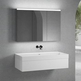 neoro n50 Unterschrank B: 120 cm mit 1 Auszug, Waschtisch ohne Hahnloch wei&szlig; matt, mit Spiegelschrank f&uuml;r die Schweiz,, BN0136WM+BN0414WM+BN0488MI,
