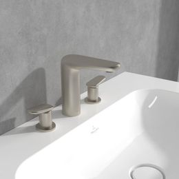 Villeroy & Boch Villeroy und Boch Antao Dreiloch-Waschtischarmatur TVW11100100064 fester Auslauf, mit Push-Open-Ablaufgarnitur, brushed nickel black
