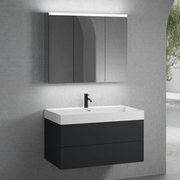 neoro n50 Unterschrank B: 100 cm mit 2 Ausz&uuml;gen, Waschtisch mit 1 Hahnloch wei&szlig; matt, mit Spiegelschrank f&uuml;r die Schweiz,, BN0139WM+BN0423BM+BN0487MI,