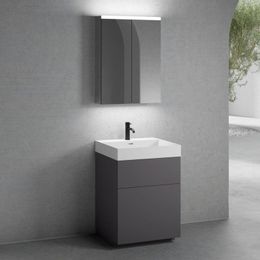 neoro n50 Unterschrank B: 60 cm mit 2 Ausz&uuml;gen, Waschtisch mit 1 Hahnloch wei&szlig; matt, mit Spiegelschrank f&uuml;r die Schweiz,, BN0137WM+BN0441GR+BN0485MI,