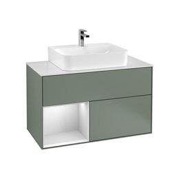 Villeroy & Boch Villeroy und Boch Finion Waschtischunterschrank F111MTGM 100cm, Abdeckplatte black matt, Regal links White matt lacquer, Olive Matt Lacquer