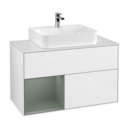 Villeroy & Boch Villeroy und Boch Finion Waschtischunterschrank F111GMGF 100cm, Abdeckplatte black matt, Regal links Olive Matt Lacquer, Glossy white lacquer