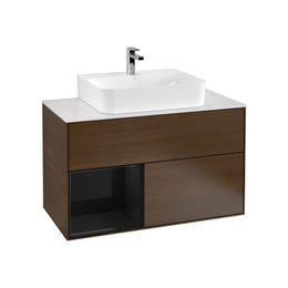 Villeroy & Boch Villeroy und Boch Finion Waschtischunterschrank F111PHGN 100cm, Abdeckplatte black matt, Regal links Glossy Black Lacquer, Walnut veneer