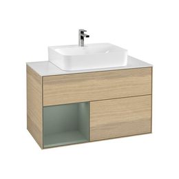 Villeroy & Boch Villeroy und Boch Finion Waschtischunterschrank F111GMPC 100cm, Abdeckplatte black matt, Regal links Olive Matt Lacquer, Oak Veneer