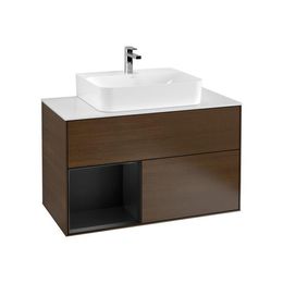 Villeroy & Boch Villeroy und Boch Finion Waschtischunterschrank F111PDGN 100cm, Abdeckplatte black matt, Regal links Black matt lacquer, Walnut veneer