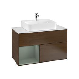 Villeroy & Boch Villeroy und Boch Finion Waschtischunterschrank F111GMGN 100cm, Abdeckplatte black matt, Regal links Olive Matt Lacquer, Walnut veneer