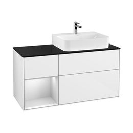 Villeroy & Boch Villeroy und Boch Finion Waschtischunterschrank F142MTGF 120cm, Abdeckplatte Glass Black Matt, Regal links White matt lacquer, Glossy white lacquer