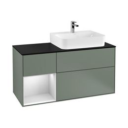 Villeroy & Boch Villeroy und Boch Finion Waschtischunterschrank F142MTGM 120cm, Abdeckplatte Glass Black Matt, Regal links White matt lacquer, Olive Matt Lacquer