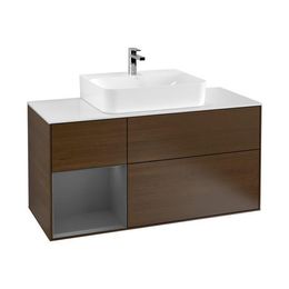 Villeroy & Boch Villeroy und Boch Finion Waschtischunterschrank F161GKGN 120cm, Abdeckplatte white matt, Regal links Anthracite matt, Walnut veneer