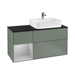 Villeroy & Boch Villeroy und Boch Finion Waschtischunterschrank F142GJGM 120cm, Abdeckplatte Glass Black Matt, Regal links Light grey matt, Olive Matt Lacquer