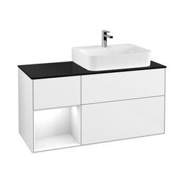 Villeroy & Boch Villeroy und Boch Finion Waschtischunterschrank F142GFGF 120cm, Abdeckplatte Glass Black Matt, Regal links Glossy white lacquer, Glossy white lacquer