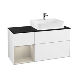Villeroy & Boch Villeroy und Boch Finion Waschtischunterschrank F142HHGF 120cm, Abdeckplatte Glass Black Matt, Regal links Sand Matt Lacquer, Glossy white lacquer