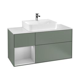 Villeroy & Boch Villeroy und Boch Finion Waschtischunterschrank F161GJGM 120cm, Abdeckplatte white matt, Regal links Light grey matt, Olive Matt Lacquer