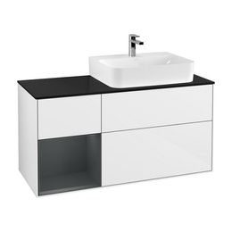 Villeroy & Boch Villeroy und Boch Finion Waschtischunterschrank F142HGGF 120cm, Abdeckplatte Glass Black Matt, Regal links Midnight Blue Matt Lacquer, Glossy white lacquer