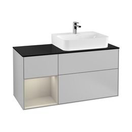 Villeroy & Boch Villeroy und Boch Finion Waschtischunterschrank F142HHGJ 120cm, Abdeckplatte Glass Black Matt, Regal links Sand Matt Lacquer, Light grey matt