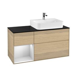 Villeroy & Boch Villeroy und Boch Finion Waschtischunterschrank F142MTPC 120cm, Abdeckplatte Glass Black Matt, Regal links White matt lacquer, Oak Veneer