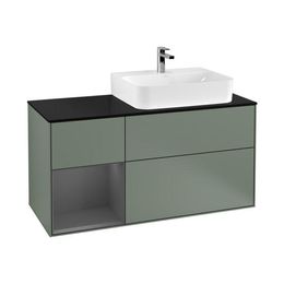 Villeroy & Boch Villeroy und Boch Finion Waschtischunterschrank F142GKGM 120cm, Abdeckplatte Glass Black Matt, Regal links Anthracite matt, Olive Matt Lacquer