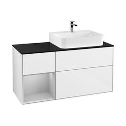 Villeroy & Boch Villeroy und Boch Finion Waschtischunterschrank F142GJGF 120cm, Abdeckplatte Glass Black Matt, Regal links Light grey matt, Glossy white lacquer