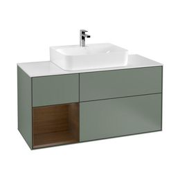 Villeroy & Boch Villeroy und Boch Finion Waschtischunterschrank F161GNGM 120cm, Abdeckplatte white matt, Regal links Walnut veneer, Olive Matt Lacquer