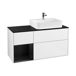 Villeroy & Boch Villeroy und Boch Finion Waschtischunterschrank F142PDGF 120cm, Abdeckplatte Glass Black Matt, Regal links Black matt lacquer, Glossy white lacquer