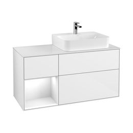 Villeroy & Boch Villeroy und Boch Finion Waschtischunterschrank F141GFGF 120cm, Abdeckplatte glass white Matt, Regal links Glossy white lacquer, Glossy white lacquer